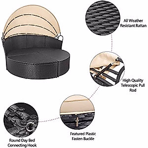 Homall Patio Furniture Outdoor Daybed with Retractable Canopy Rattan Wicker Furniture Sectional Seating with Washable Cushions for Patio Backyard Porch Pool Round Daybed Separated Seating (Beige)