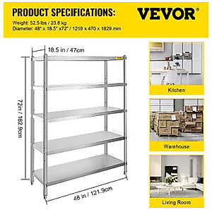 VBENLEM Stainless Steel Shelves 48x18.5 Inch 5 Tier Adjustable Shelf Storage Unit Stainless Steel Rack Shelving Heavy Duty Shelving for Kitchen Commercial Office Garage Storage 330lb Per Shelf