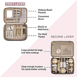 BAGSMART Makeup Bag, Double-Layer Makeup Case with Acrylic Mirror Cosmetic Organizer Bag Train Case for Makeup Brushes Palettes Sponge Toiletries, Pink