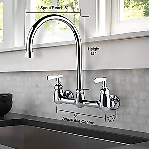 COOLWEST Commercial Wall Mount Faucet 8 Inch Center with 8" Gooseneck Swivel Spout, 2 Handles Heavy Duty Brass Kitchen Sink Faucet, Chrome Finish