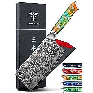SANMUZUO Chopping Knife - 7 inch Cleaver Knife- Xuan Series - VG10 Damascus Steel Kitchen Knife - Resin Handle (Fantasy Orange)