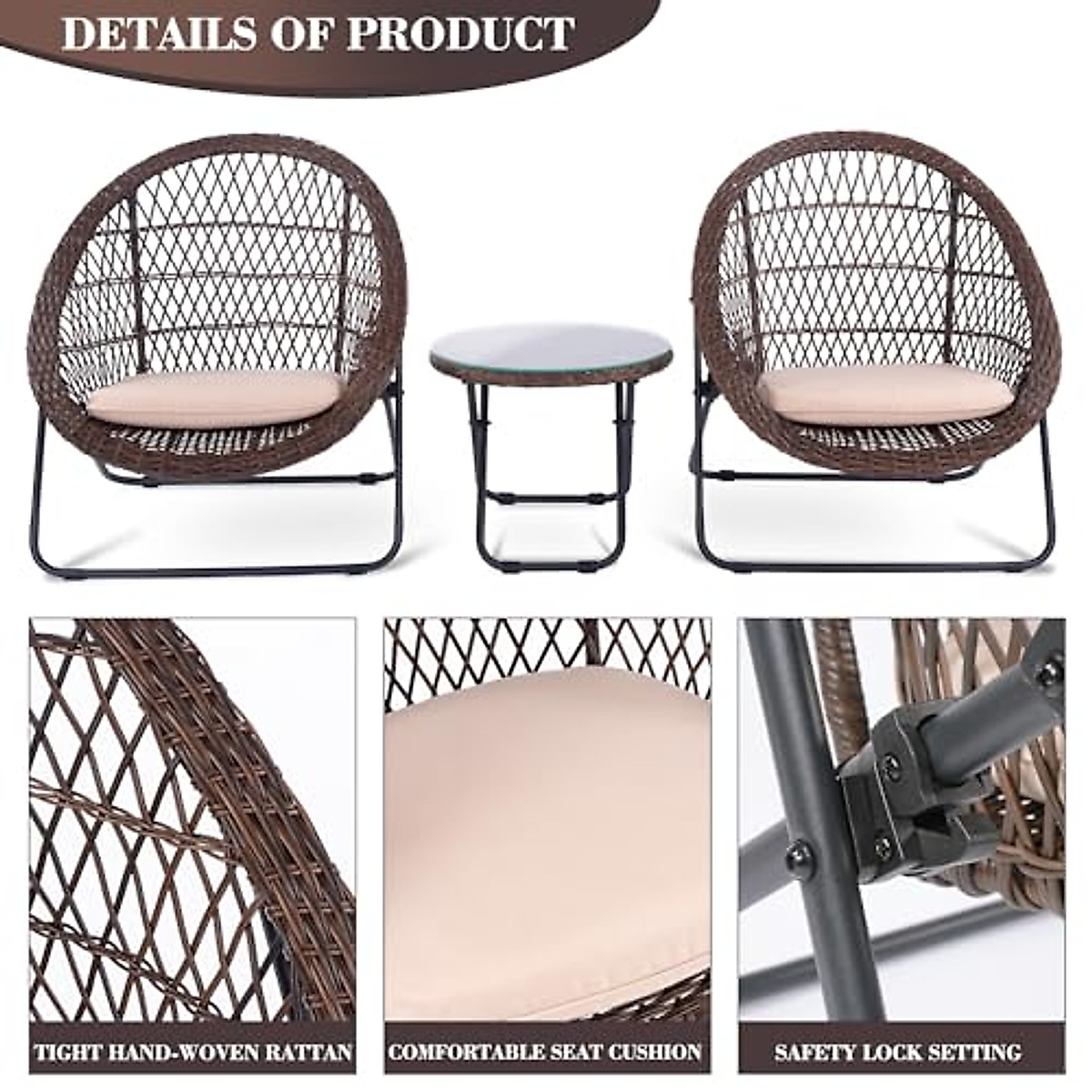 BACKYARD EXPRESSIONS PATIO · HOME · GARDEN 3 Pc 3 Piece Folding Outdoor Bistro, Wicker Furniture Table and Chairs for Garden, Backyard, Porch, Patio Conversation Set, Tan/Black