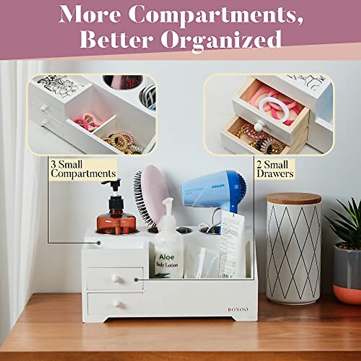 Boxoo Hair Tools Organizer with Drawers - Blow Dryer, Curling Iron, Straightener, Hair Brush Holder - Dressing Table, Bathroom Countertop Storage Caddy - Makeup, Toiletries, Hot Tools Holder, White