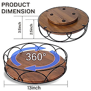 12.5" Wooden Lazy Susan Turntable, Kitchen Table Top Spice Organizer with Steel Frame, 360 Degree Rotating Lazy Susan Tray for Countertop, Cabinet, Dining Table, Bathroom