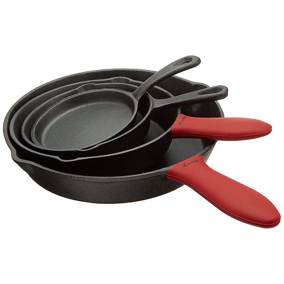 Crucible Cookware Cast Iron Skillets, Set Of 4 (Pre-seasoned) 10 Inch - 5.1 Inch, Including Large & Small Silicone Hot Handle Holders | Indoor & Outdoor Use
