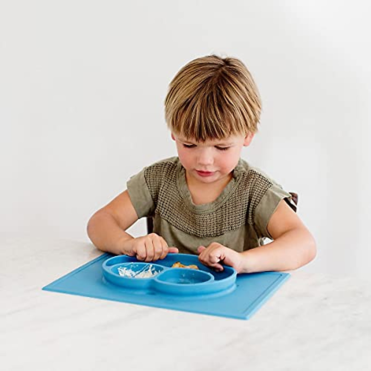 ezpz Happy Mat (Blue) New Version - 100% Silicone Suction Plate with Built-in Placemat for Toddlers + Preschoolers - Divided Plate - Dishwasher Safe