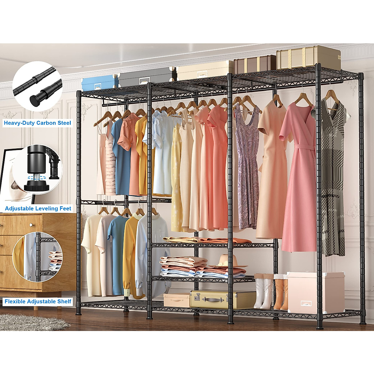 Ulif E5 Garment Rack, 4 Tiers Freestanding Heavy-Duty Closet Organizer and Storage System, Max Load 780LBS, 67.9" W x 14.5" D x 77.1" H, Black
