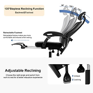 Ergonomic Office Chair, Reclining High Back Home Office Desk Chairs with Adjustable Lumbar Support Swivel Computer Gaming Chair with Headrest Footrest,PU Leather Executive Task Chair, Black
