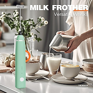 Laposso Milk Frother Rechargeable Handheld Electric Whisk Coffee Frother Mixer with 2 Stainless whisks 3 Speed Adjustable Foam Maker Blender for Coffee Matcha Latte Cappuccino(Avocado Green)