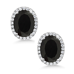 Gem Stone King 925 Sterling Silver Black Onyx Halo Earrings For Women (4.48 Cttw, Gemstone Birthstone, Oval 9X7MM)
