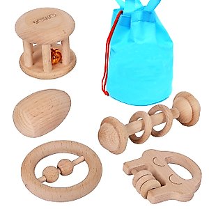 TOWO Wooden Rattles Maracas Baby Toys 6 Months-Organic Eco Toys for Infant Grasping Teething Natural Tether Musical Instrument Shaker Sensory Brain Development Newborn Birth Gift for Boys Girls