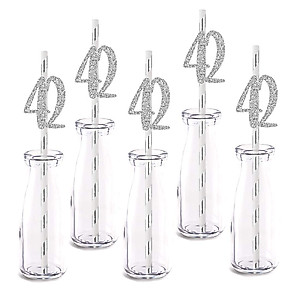 Silver Happy 42nd Birthday Straw Decor, Silver Glitter 24pcs Cut-Out Number 42 Party Drinking Decorative Straws, Supplies