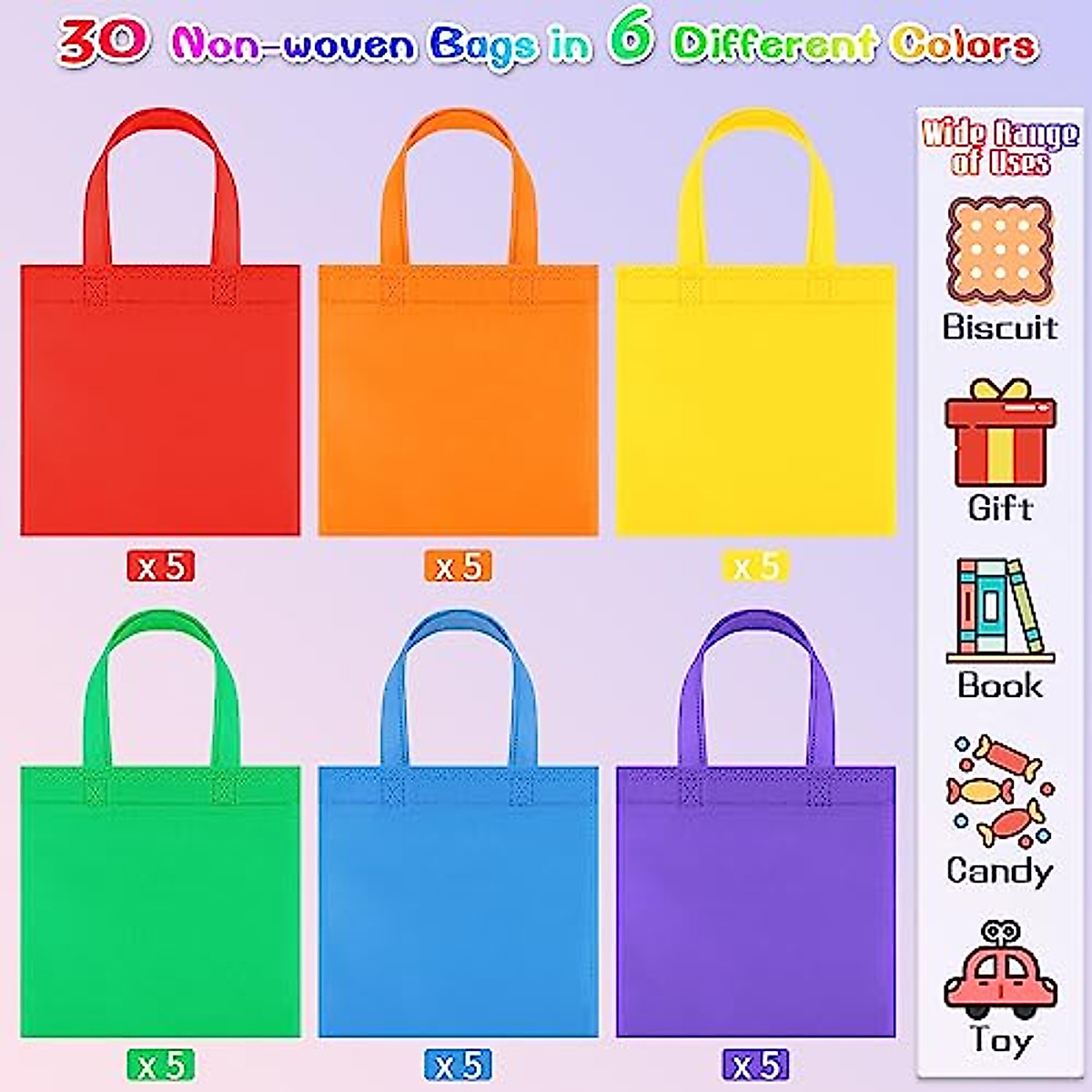 Aneco 30 Pieces 8 by 8 Inches Non-Woven Bags Birthday Party Bags Easter Egg Hunt Bags Rainbow Colors Gift Bag with Handles for Party Favor, 6 Colors