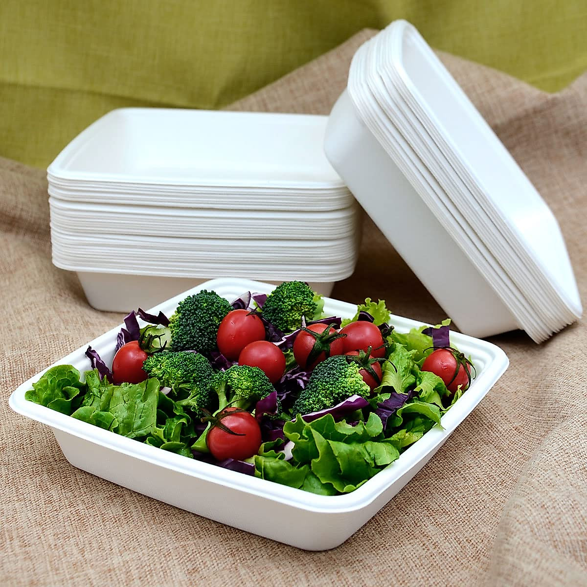 AICHEF 50 Pack 42 oz Compostable Deep Dish Plates, Extra Large Deep Square Disposable Food Trays for Seafood BBQ Large Salad - 9x9x1.7 inch