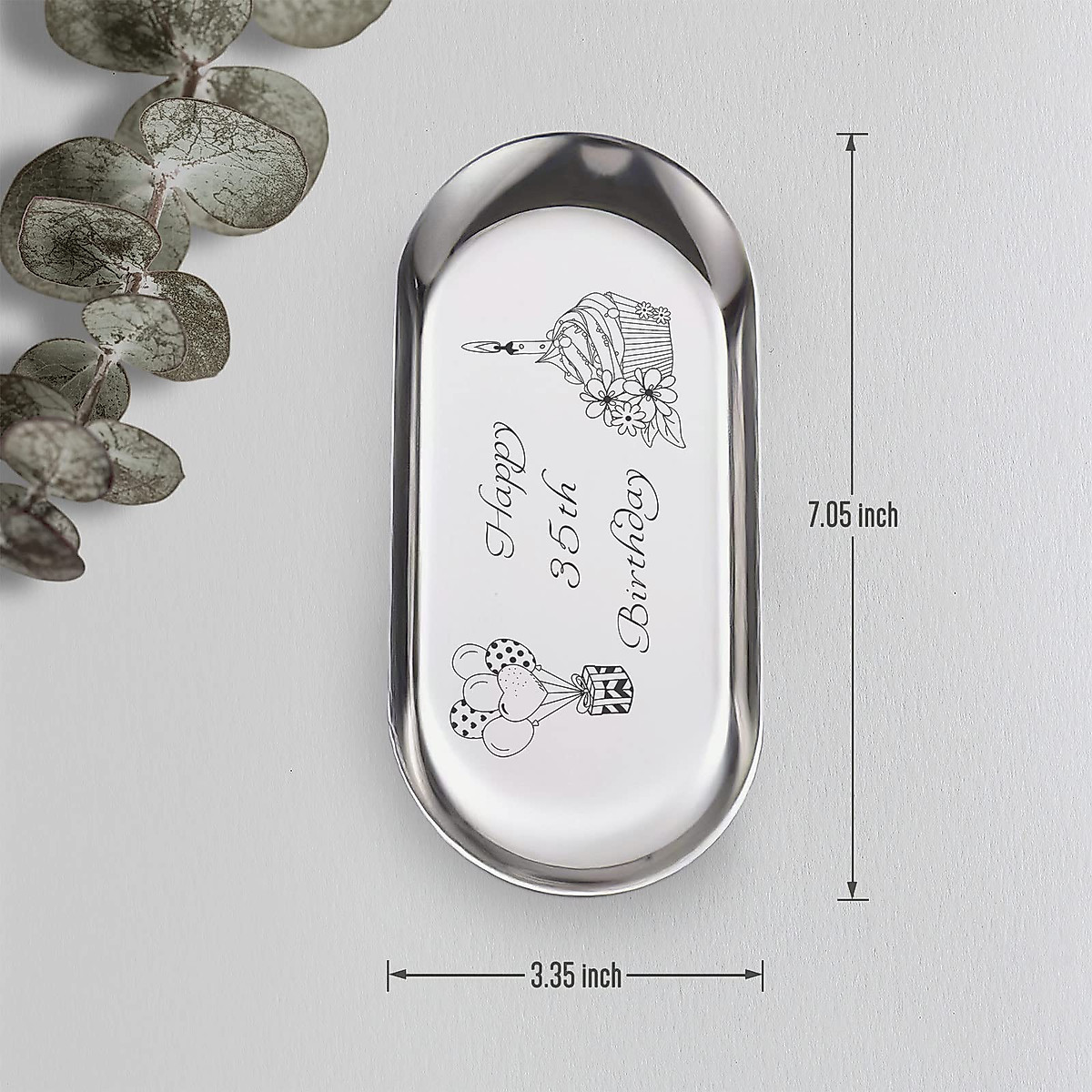 VWALK Happy 35th Birthday Decorations Stainless Steel Jewelry Tray Gifts Laser Engraved Round Shape Dish Personalized Birthday Gifts for Daughter Sister Niece Friends