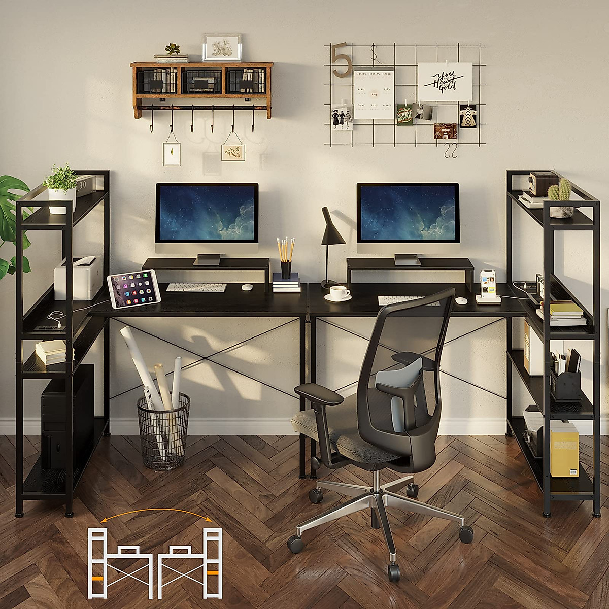 Rolanstar Computer Desk with Shelves, 47 Inch Home Office Desk with Power Outlet, Writing Table Workstation with Monitor Stand and Reversible 4-Tier Bookshelf, Study Corner Desk for Small Space, Black