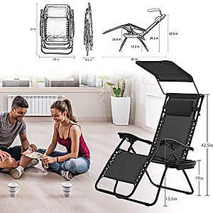 Vnewone Zero Gravity Folding Outdoor Anti Reclining Lounge Deck Foldable Yard with Pillow Cup Holder and Canopy, Black