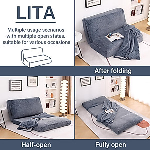 LITA Fluffy Soft Bean Bag Sofa Bed with Blanket, Folding Mattress Bean Bag Chair Foam Filling Convertible Couch Bed with Removable Cover Soft Faux Fur Wall Sofa Bed for Living Room, Dark Grey