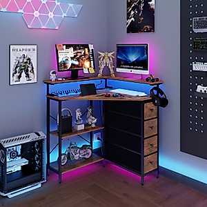 VENNQD Corner Desk with Drawers Shelves for Small Space 90 Degrees Triangle Computer Desk with Power Outlets,Gaming Desk with LED Lights Monitor Stand for Home Office Workstation Writing Table (Brown)