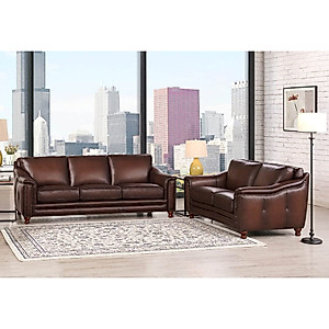 Hydeline Belfast Top Grain Leather Sofa and Loveseat, Caramel Brown, Feather Down, Memory Foam and Springs Seating