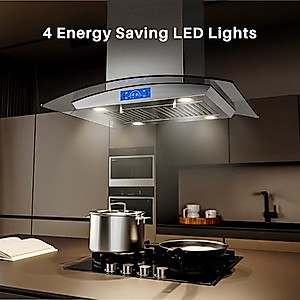 FIREGAS Island Range Hood 30 inch 700 CFM with Chimney, Ceiling Mount Kitchen Vent Hood with Tempered Glass, 4 LED Lights, Permanent Filters, Premium Touch Control Panel, Includes Charcoal Filter