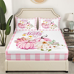 Pink Fall Bed Sheet Set Pumpkin Fitted Sheet for Kids Boys Girls Teens Room Decorations Autumn Harvest Bedding Set Full Size Buffalo Check Grid Bed Cover Deep Pocket 3Pcs