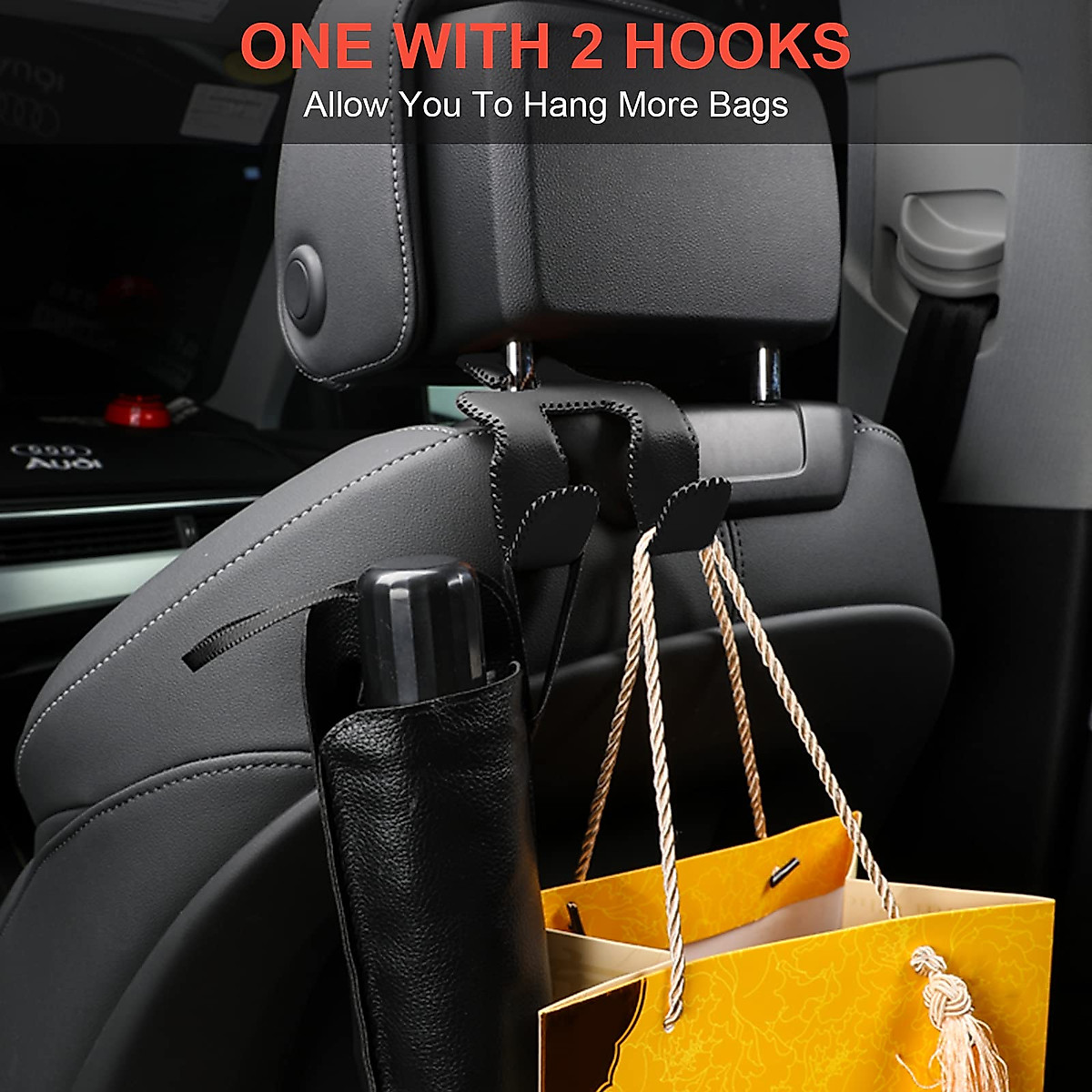 AMVOYOA 【2021 Upgraded】 Car Purse Hook, 2 in 1 Car Seat Headrest Hooks Durable Hanger Storage Holder Leather Organizer for Hanging Grocery Bags, 1 Pack, Black