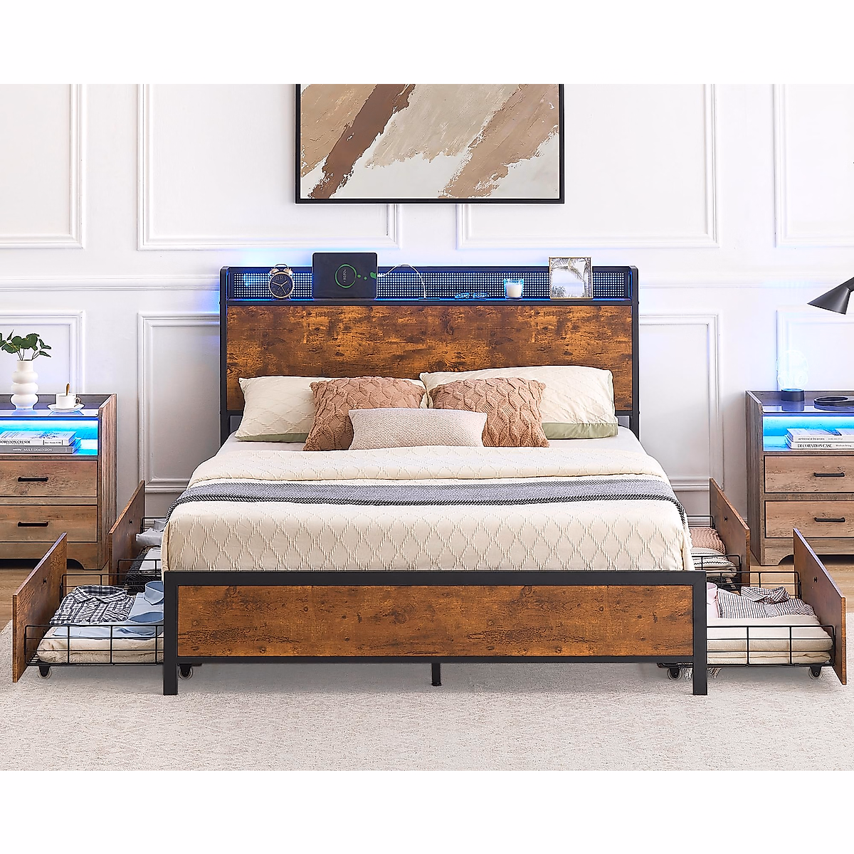 GAOMON Queen Size Bed Frame with Storage Headboard and 4 Drawers LED Lights Metal Platform Bed Frame with Charging Station, Mattress Foundation Strong Wood Slats Support, No Box Spring Needed