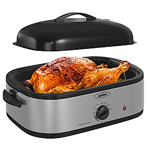 Sunvivi 14-Quart Roaster Oven with Self-Basting Lid, Electric Turkey Roaster Oven with Removable Pan and Rack, Stainless Steel, Silver