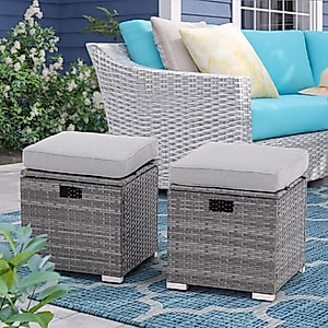 Patiorama 2 Piece Outdoor Patio Ottomans,All-Weather Grey PE Rattan Wicker Ottoman with Storage,Outdoor Footrest Footstool Seat w/Thick Cushion,Built-in Handle for Backyard Poolside Porch (Light Grey)