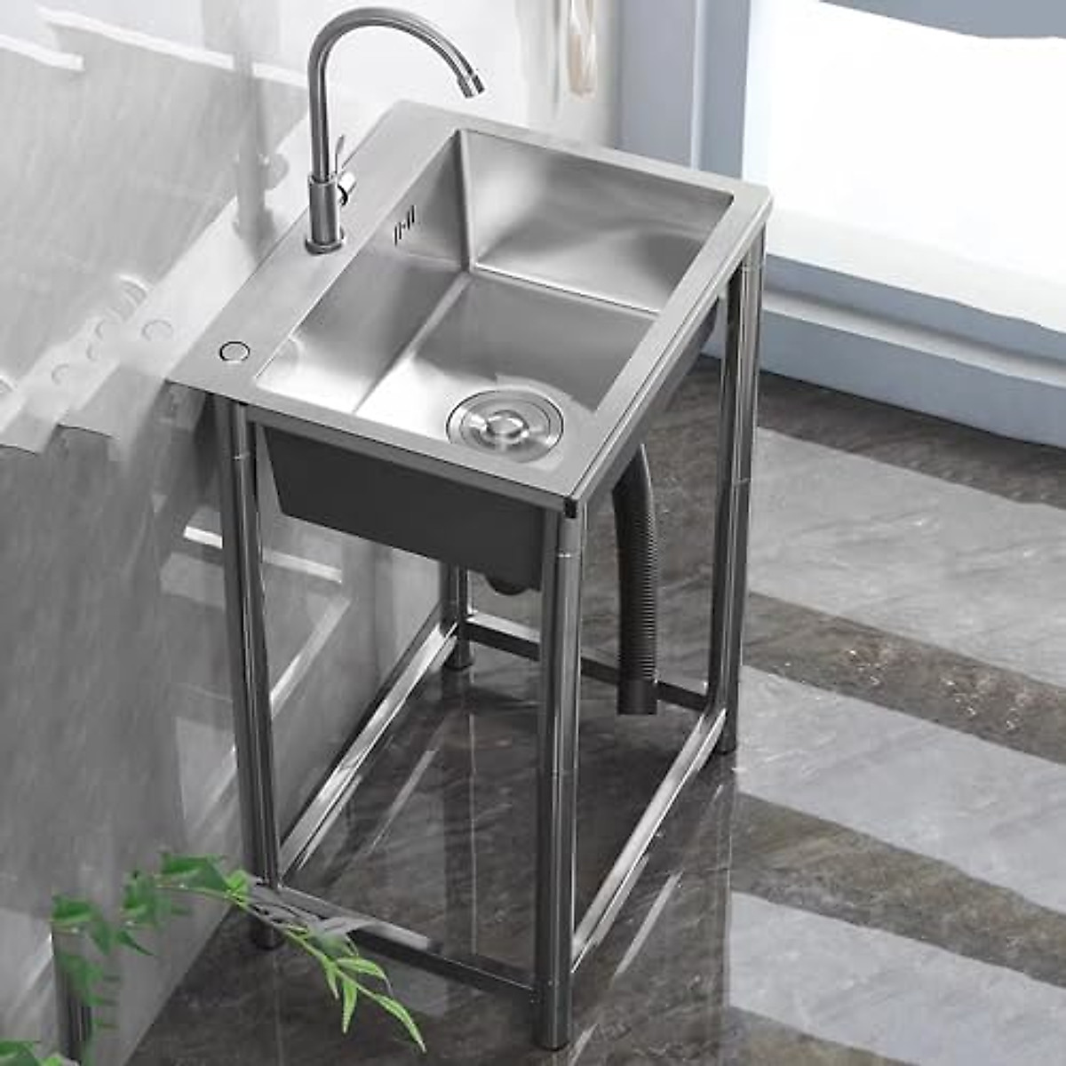 DOUKI Outdoor Stainless Steel Sink, Free Standing Small Sink, Kitchen Sink Single Bowl Prep & Utility Sink, Portable Garden Sink W/Hot and Cold Faucet (Size : 18 x16 inch (45x40 cm))