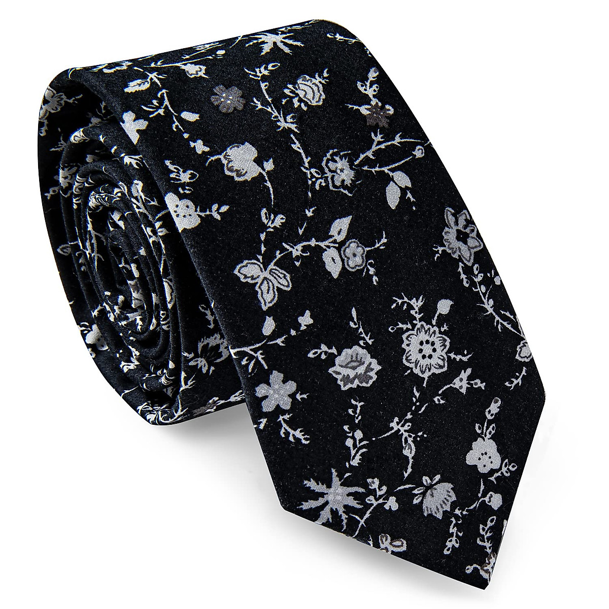 YourTies Floral Skinny Ties for Men Causal Cotton Black Flower Printed Necktie and Pocket Square Set Wedding Party