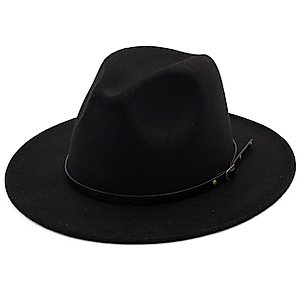 UTOWO Classic Black-Felt-Fedora-Hats-for-Women, Wide-Brim-Wool-Rancher-Panama Jazz Hat with Belt-Buckle