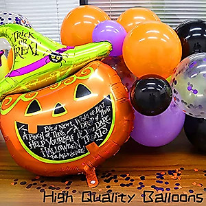124 Pack Halloween Balloon Arch Garland Kit, Black Orange Green Purple Confetti Balloons and Mylar Pumpkin Balloon for Kids Halloween Birthday Party Decorations Supplies