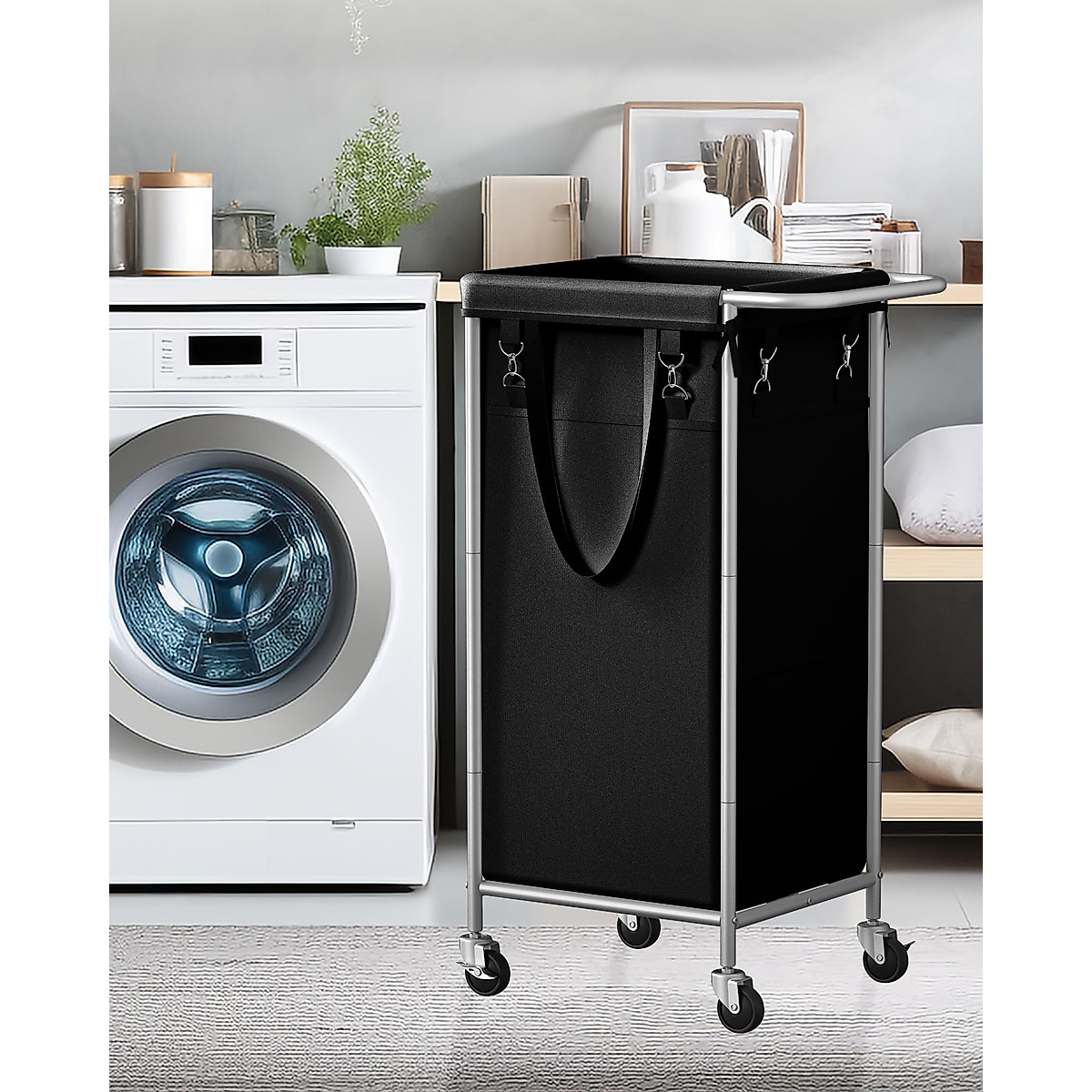 SOBECHOI Laundry Basket with Wheels, Rolling Laundry Hamper, 29 Gallons (110L), Removable Liner and Steel Frame - Steel Frame with Handle - Ink Black, 19.6 x 15.5 x 32.6 Inches
