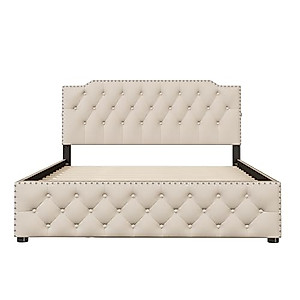 Prohon Queen Size Bed Frame w/Twin Size Trundle and Two Sets USB Ports, Upholstered Platform Bed with Button Tufted Trim Headboard, Velvet Linen Wooden Bed Fram No Box Spring Needed, Beige