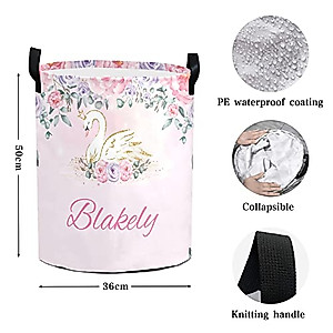 Swan Princess Pink Purple Personalized Foldable Freestanding Laundry Basket Clothes Hamper with Handle, Custom Collapsible Storage Bin for Toys Bathroom Laundry