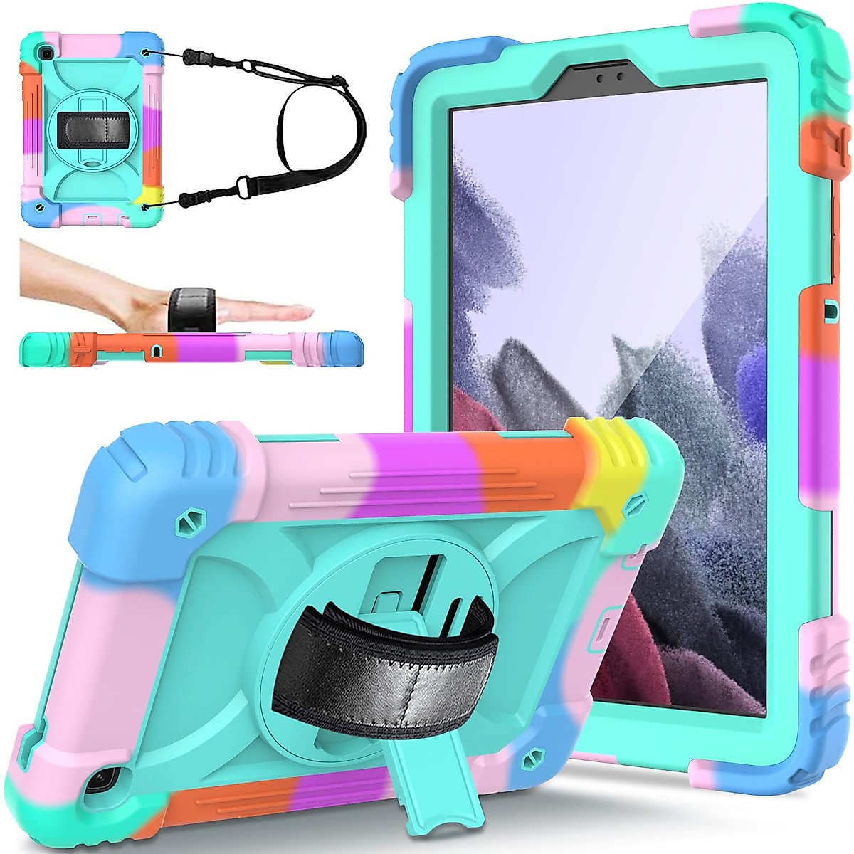 LTROP Samsung Galaxy Tab A7 Lite Case,Galaxy Tab A7 Lite Case for Kids,3-Layer Shockproof Cover Case with Swivel Stand/Hand Strap for Samsung Galaxy Tab A7 Lite 2021 8.7 Inch (SM-T225/T220), Aqua Teal
