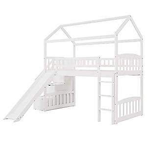 Harper & Bright Designs Loft Bed with Slide, House Loft Beds Twin Size with Step Storage Drawers Stairway Playhouse Bed for Kids Toddlers Girls/Boys, White