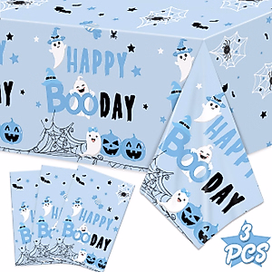 PATIAI 3 Pack Halloween Happy Boo Day Tablecloths Blue Halloween Pumpkin Ghost Rectangular Plastic Table Cover for Halloween Baby Shower Birthday Party Decorations(71 x 43 Inches)
