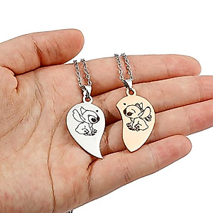 Cartoon Stitch & Angel Necklaces Set - 2Pcs Stainless Steel Chain Pendant Couple Choker Jewelry Accessories, Gifts for Lover
