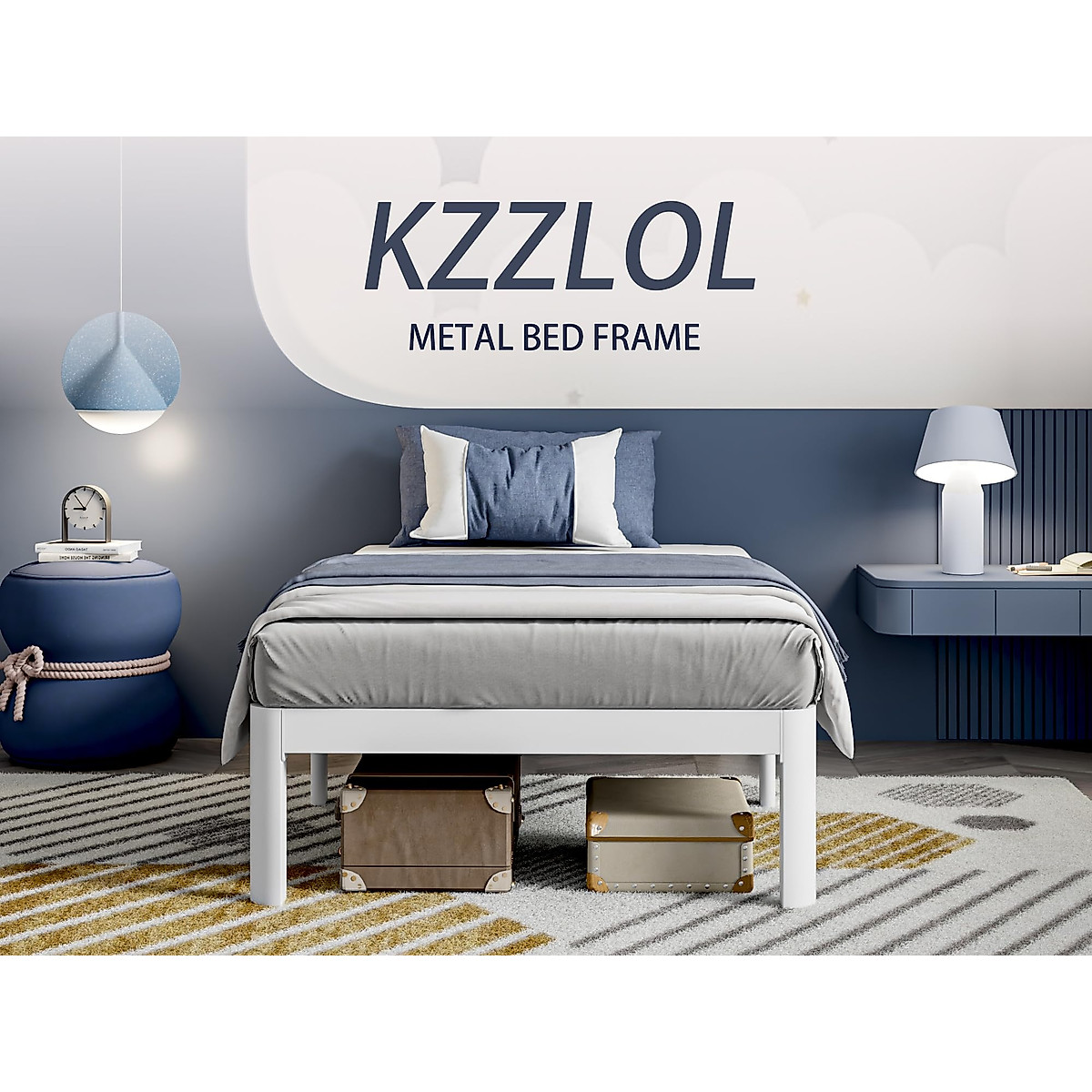 KZZLOL White Twin Size Bed Frames 12 Inch, Metal Platform Twin Bed Frame No Box Spring Needed, Heavy Duty Steel Support 3500 LBS, DIY Headboard, Round Legs, Noiseless, Storage Space, Easy Assembly