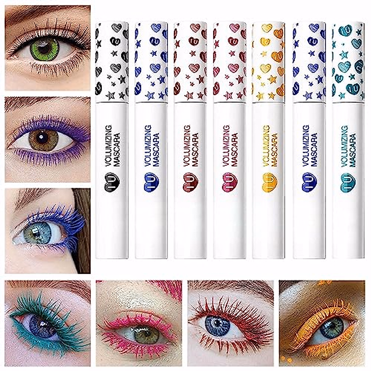 MAEPEOR Colored Mascara 7 Pack Waterproof and Smudgeproof Longlasting Mascara Cruelty Free & Vegan Volume Mascara (7 Colors Set 1)