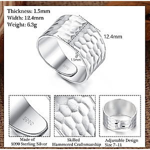 Milacolato S990 Sterling Silver Handmade Wide Band Ring High Polished Handmade Dome Ring Hammered Band Ring for Women Men, Adjustable to Size 7-11
