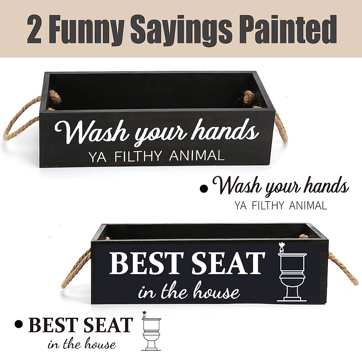 CuffUp Bathroom Decor Box, Toilet Paper Basket 2 Sides Signs Farmhouse Bathroom Basket Toilet Basket Tank Topper Rustic Farmhouse Home Decor for Livingroom Kitchen（One Black Rope box）