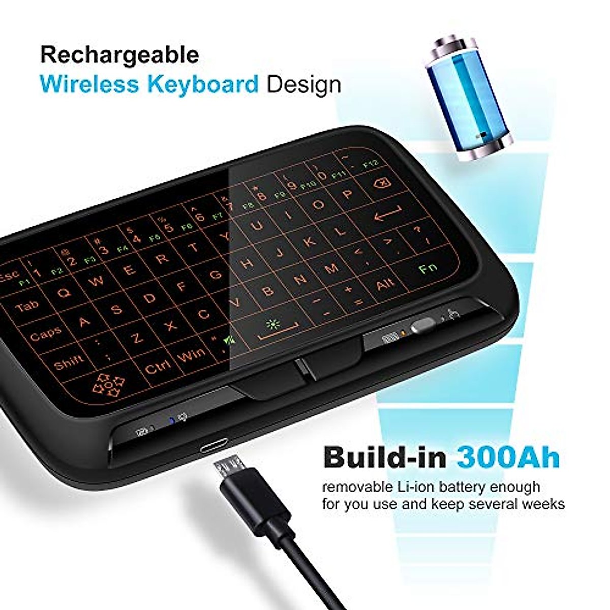 ILEBYGO 2.4Ghz Mini Wireless Keyboard Touchpad Combo with 3 Level Backlit Rechargeable Full Screen Remote Control for Android TV Box, Projector, IPTV, HTPC, PC, Laptop