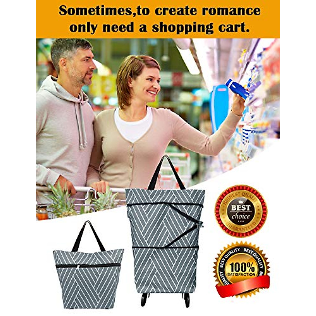 Reusable Grocery Bags with Wheels Foldable Shopping Bags - Waterproof & Strong(Grey Line)