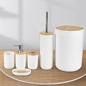 Bathroom Accessories Set, Set of 8 Piece Plastic Gift Set Toothbrush Holder,Toothbrush Cup,Soap Dispenser,Soap Dish,Toilet Brush Holder,Trash Can,Cotton Swab can for Bathroom (White bamboo-8pcs)