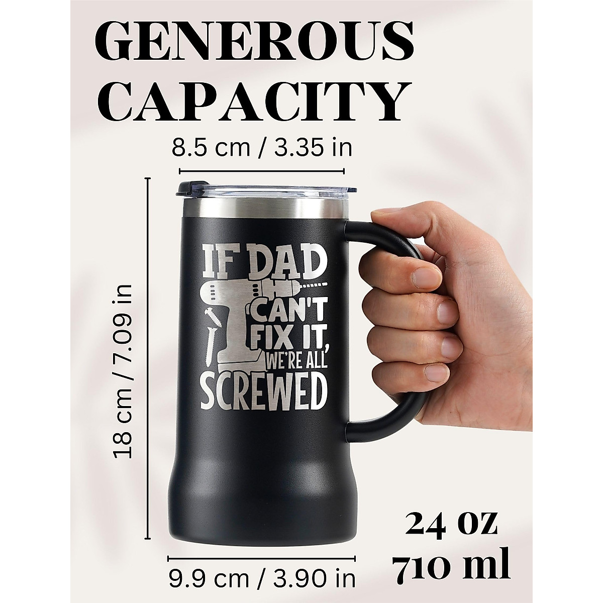 Onebttl Dad Fix Gifts from Daughter Son, Stainless Steel Beer Stein Tumbler, 24oz Beer Mug with Lid for Father's Day