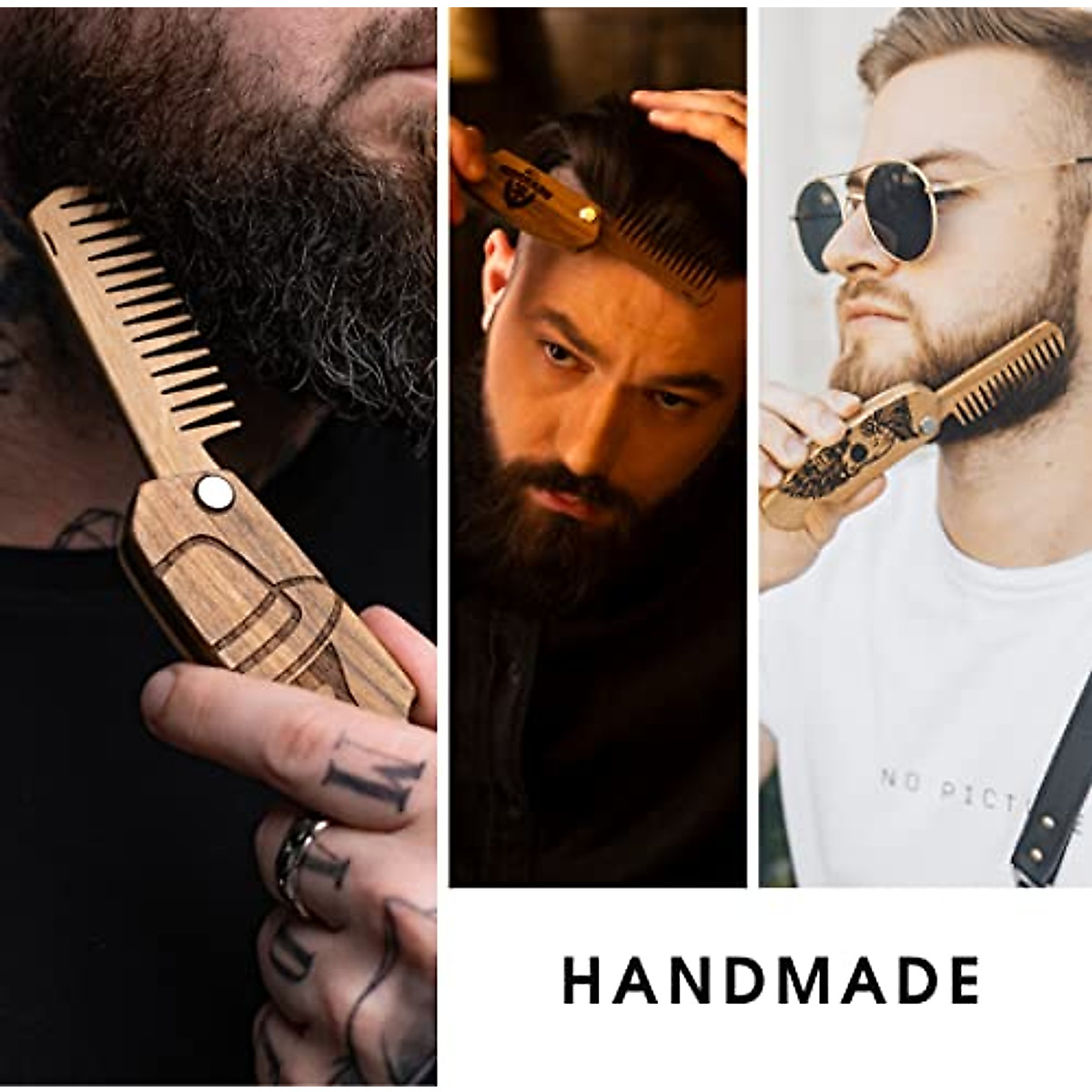Wooden Beard Comb for Men Folding Pocket Comb for Moustache Beard & Hair Walnut Combs with the Engraving (Fear The Beard)